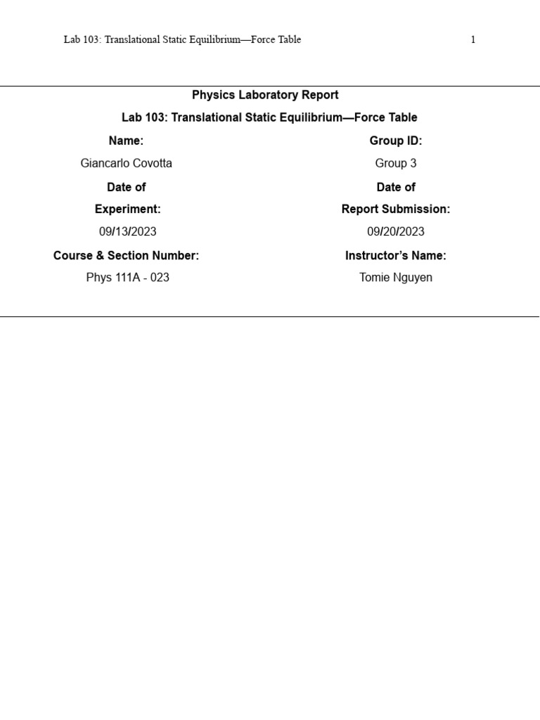 Lab 103 - Translational Static Equilibrium-Force Table | PDF