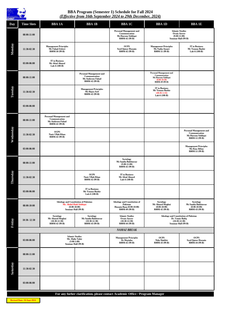 BBA Program Classes Schedule For Fall 2024 | PDF