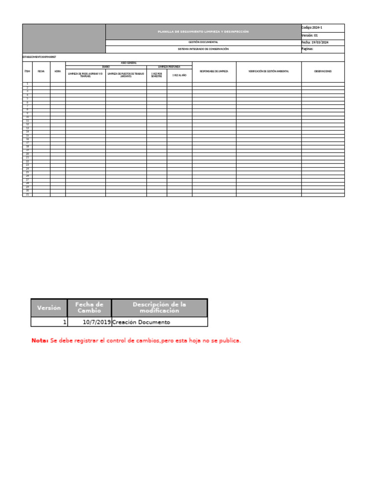 Formato Planilla de Seguimiento Limpieza y Desinfeccion | PDF