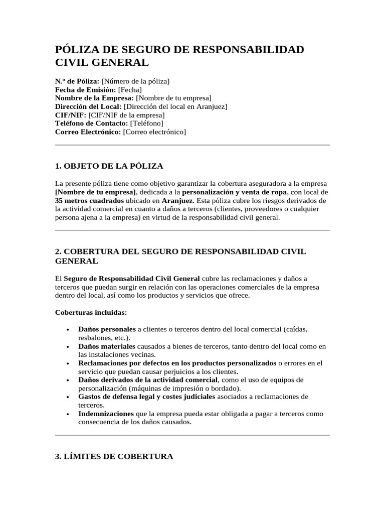 PÓLIZA DE SEGURO DE RESPONSABILIDAD CIVIL GENERAL | PDF