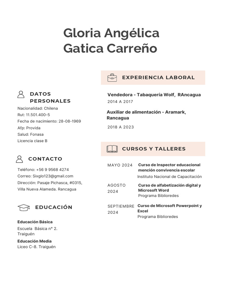 Currículum Vitae CV de Gloria Gatica | PDF