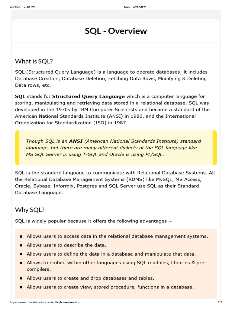 SQL - Overview | PDF