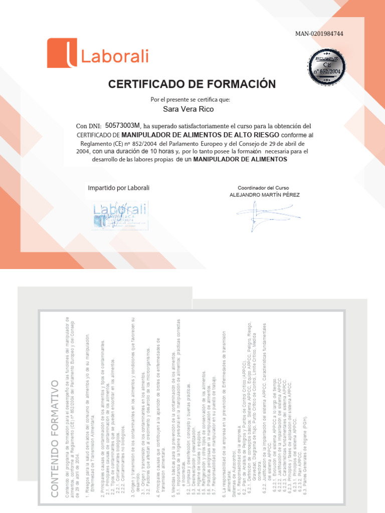 certificado manipulador | PDF
