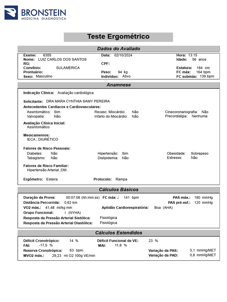 TESTE ERGOMETRICO COM ESTEIRA EM ADULTO (Laudo) | PDF