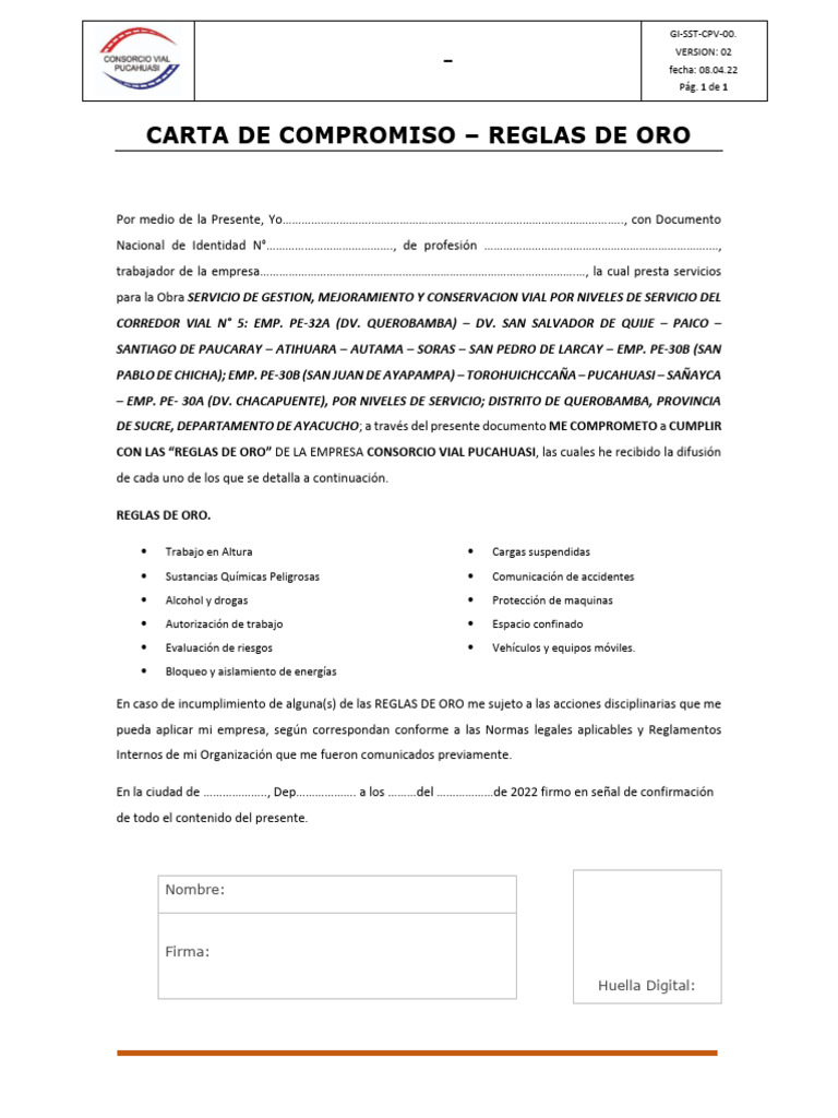 Carta de Compromiso Reglas de Oro - CVP | PDF