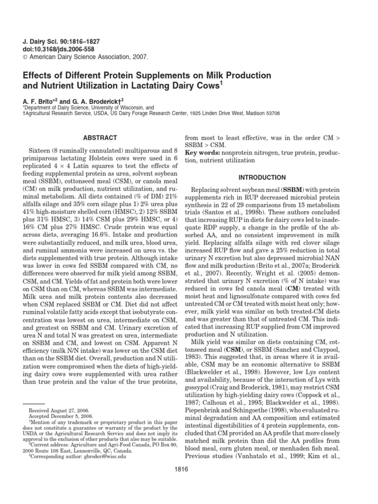 Brito (2007) Effects of Different Protein Supplements On Milk Production and Nutrient ...