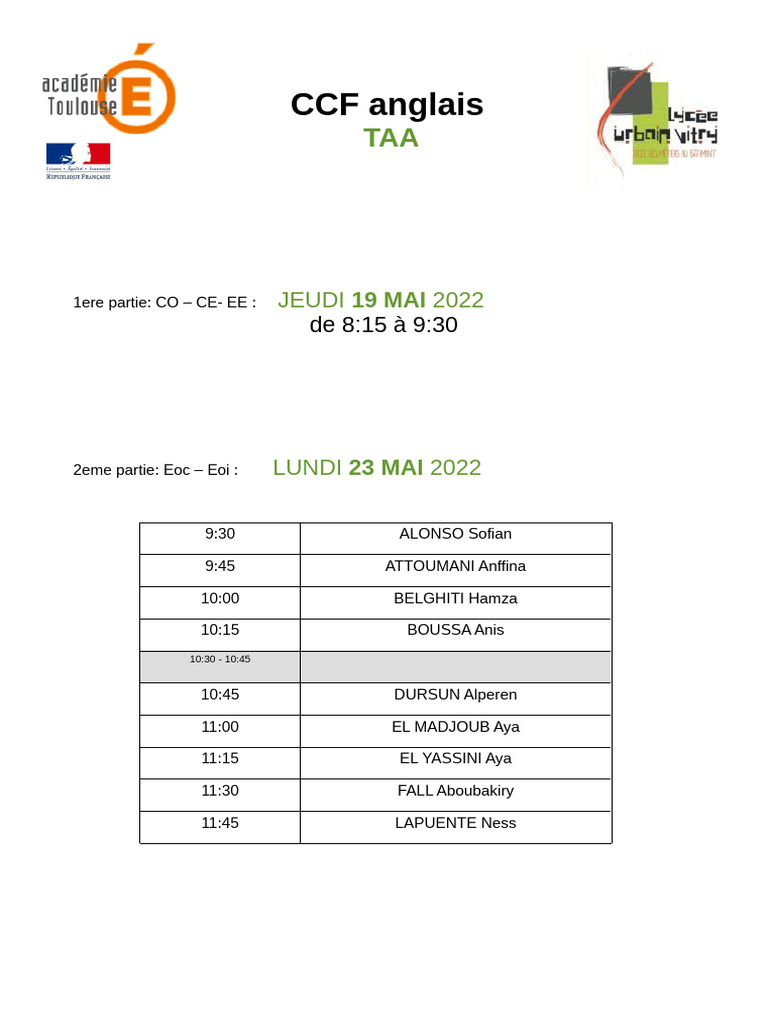 TAA - Convocation Eleves -CCF 2022 | PDF