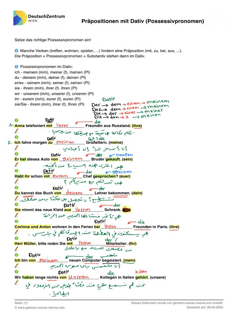 Deutsch A2 Level Praepositionen Mit Dativ Possessivpronomen | PDF