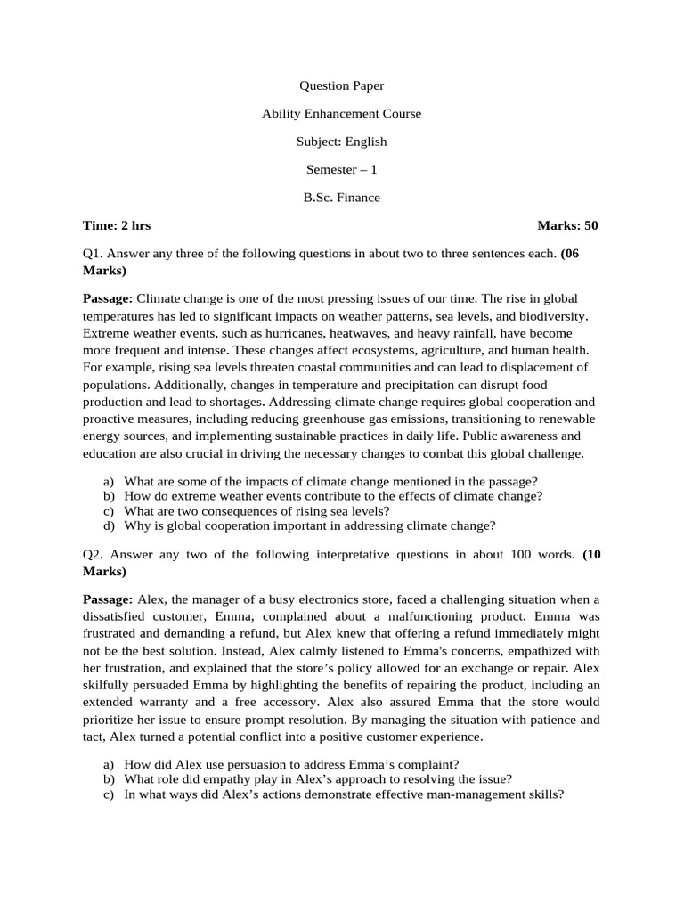 2 - BSC Fin English Question Paper | PDF