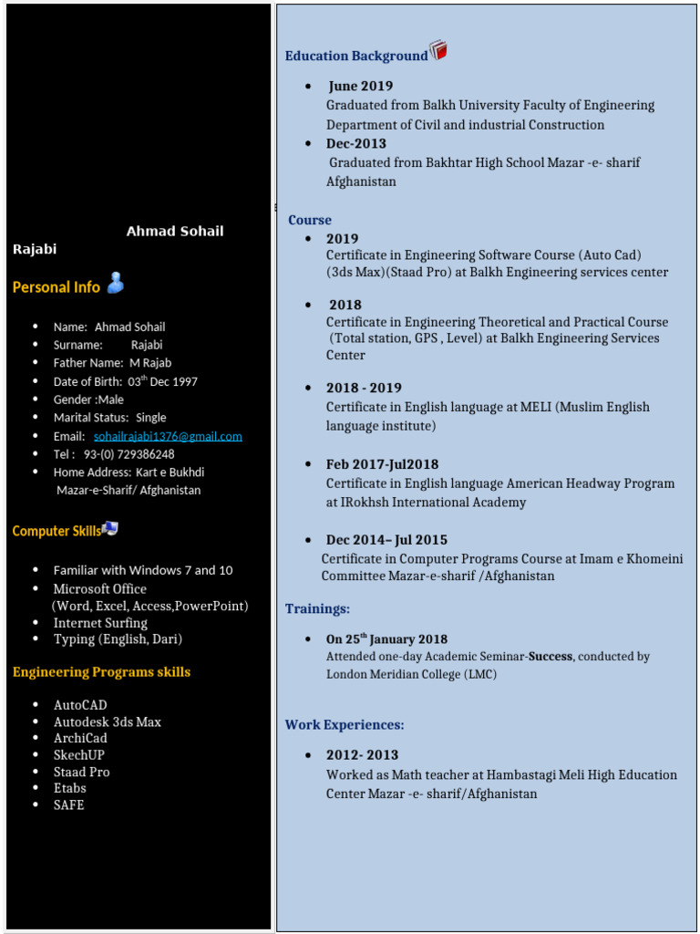 Engineer Ahmad Sohail Rajabi CV2 | PDF