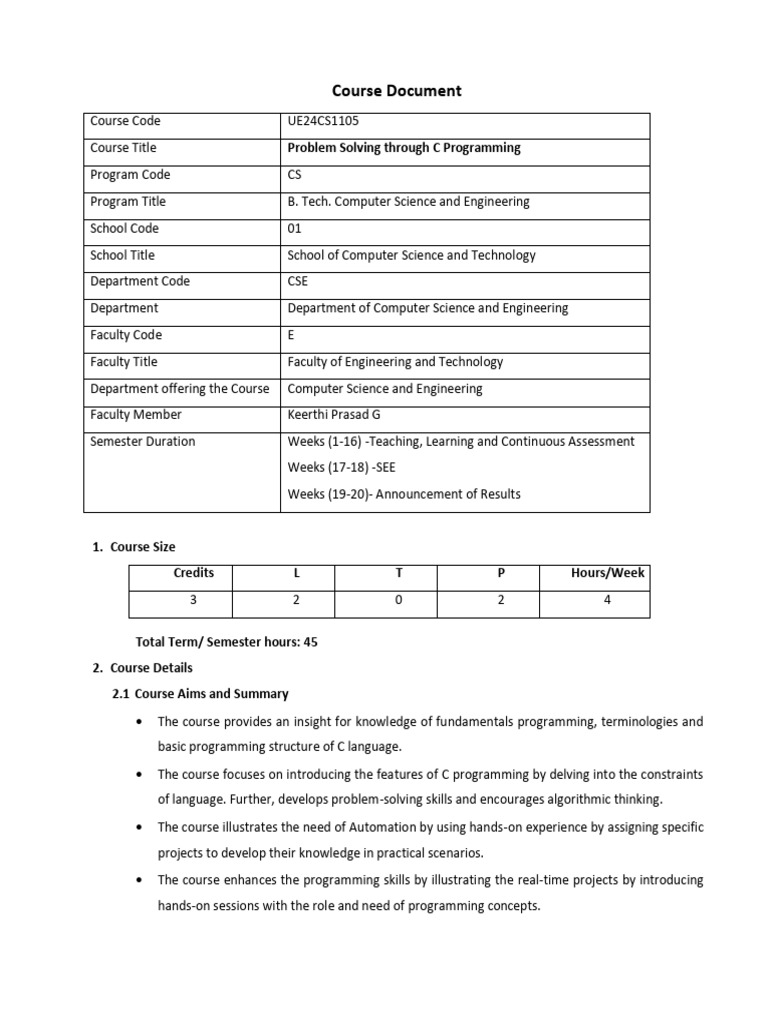 GMU - I Sem - Problem Solving Through C Programming | PDF