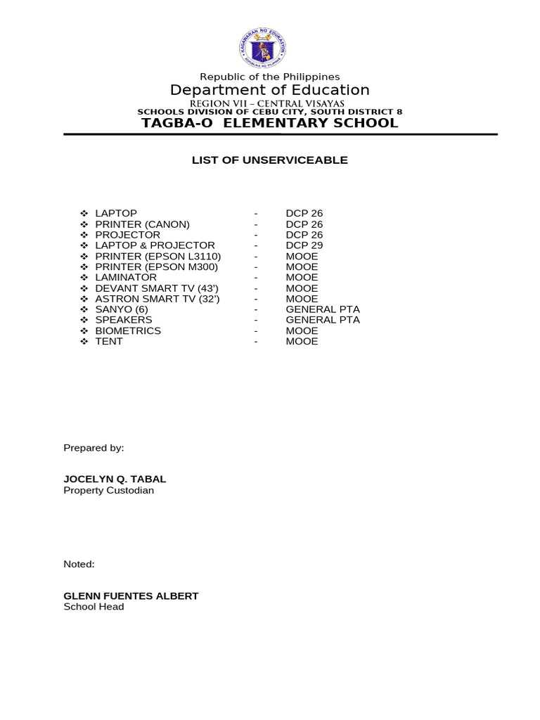 LIST OF UNSERVICEABLE | PDF