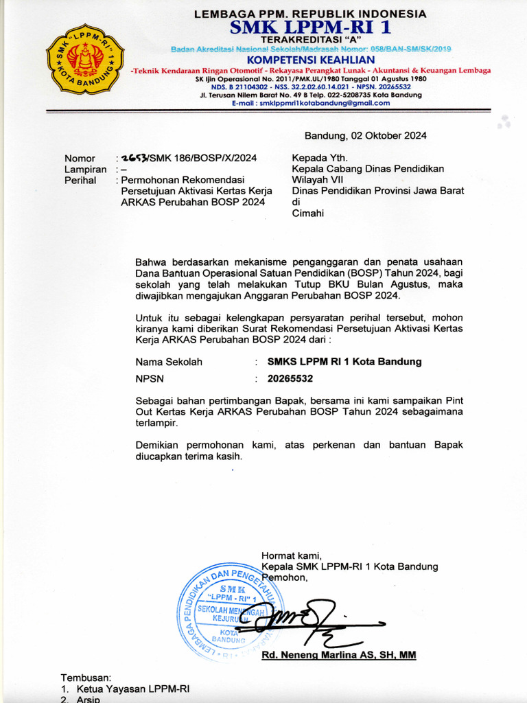 Surat Rekom Perubahan Arkas SMK LPPM Ri 1 | PDF