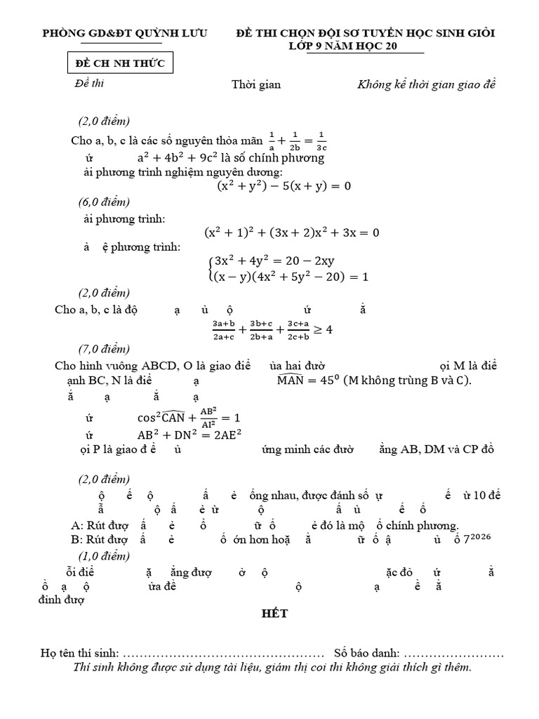 De Chon Doi So Tuyen HSG Toan 9 Nam 2024 2025 Phong GDDT Quynh Luu Nghe An | PDF