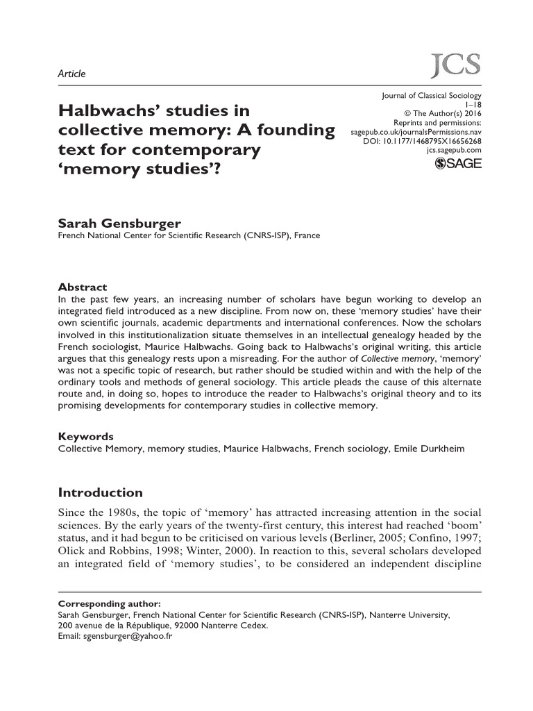Halbwachs' Studies in Memory and Resistance | PDF