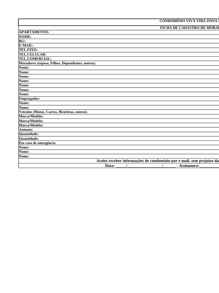Ficha de Cadastro de Moradores - Excel | PDF