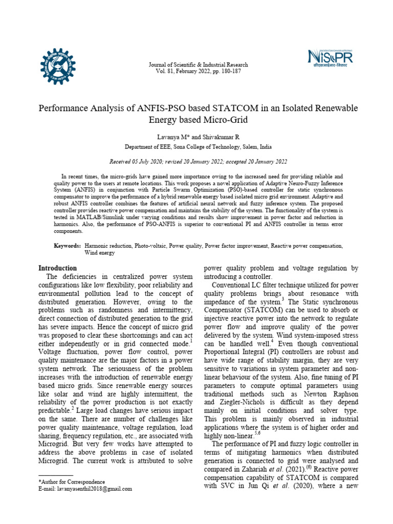 Performance Analysis of ANFIS-PSO Based STATCOM in An Isolated Renewable Energy Based Micro-Grid ...