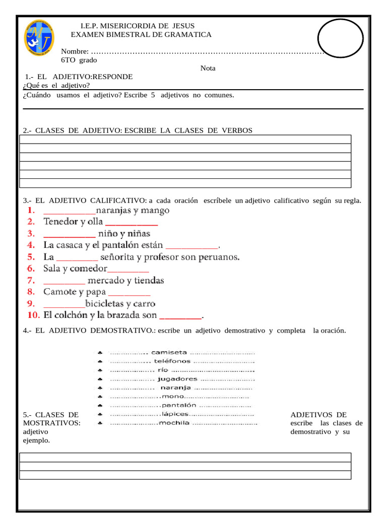 Examen de Gramatica 5to Y6to | PDF | Crecimiento personal y profesional ...