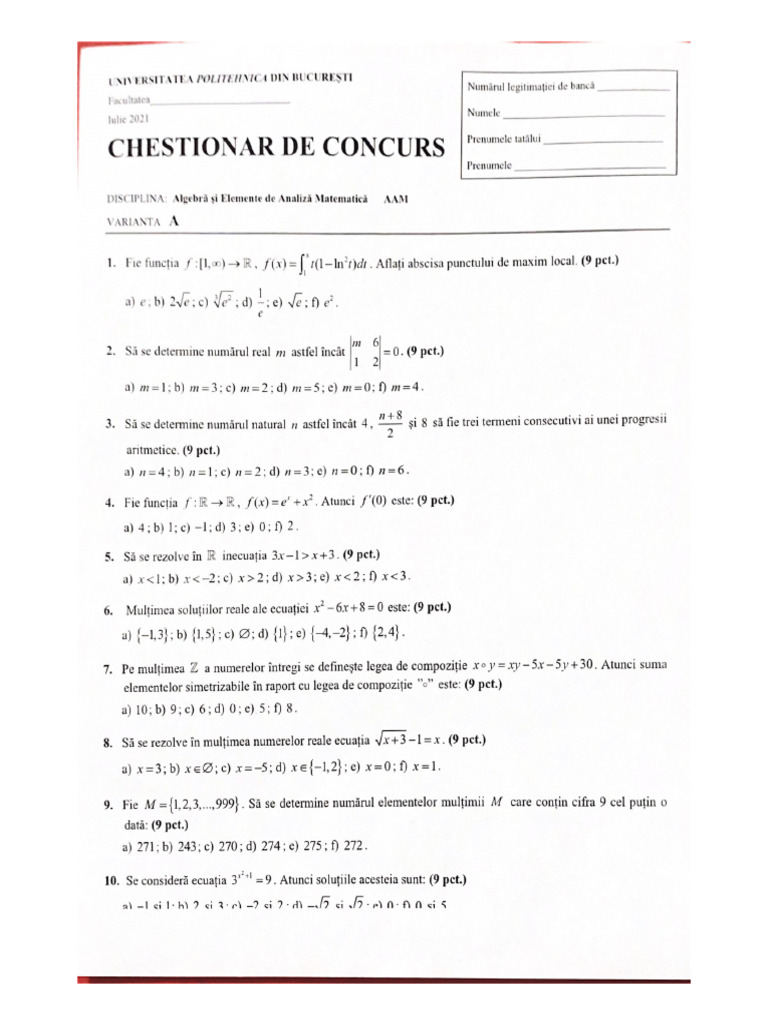 PreadmiteriAdmiteri Politehnica Subiecte | PDF