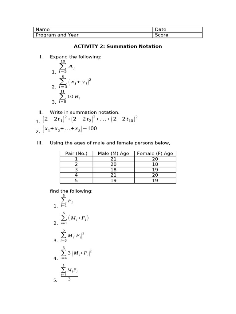 Activity 2 Summation Notation Pdf