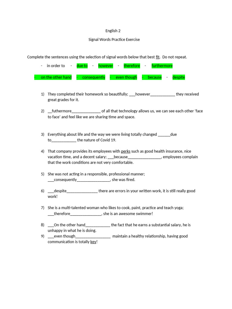303 - Signal Words Practice Exercise | PDF