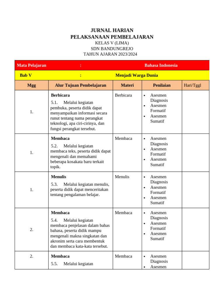 JURNAL HARIAN BI Sem 2 | PDF