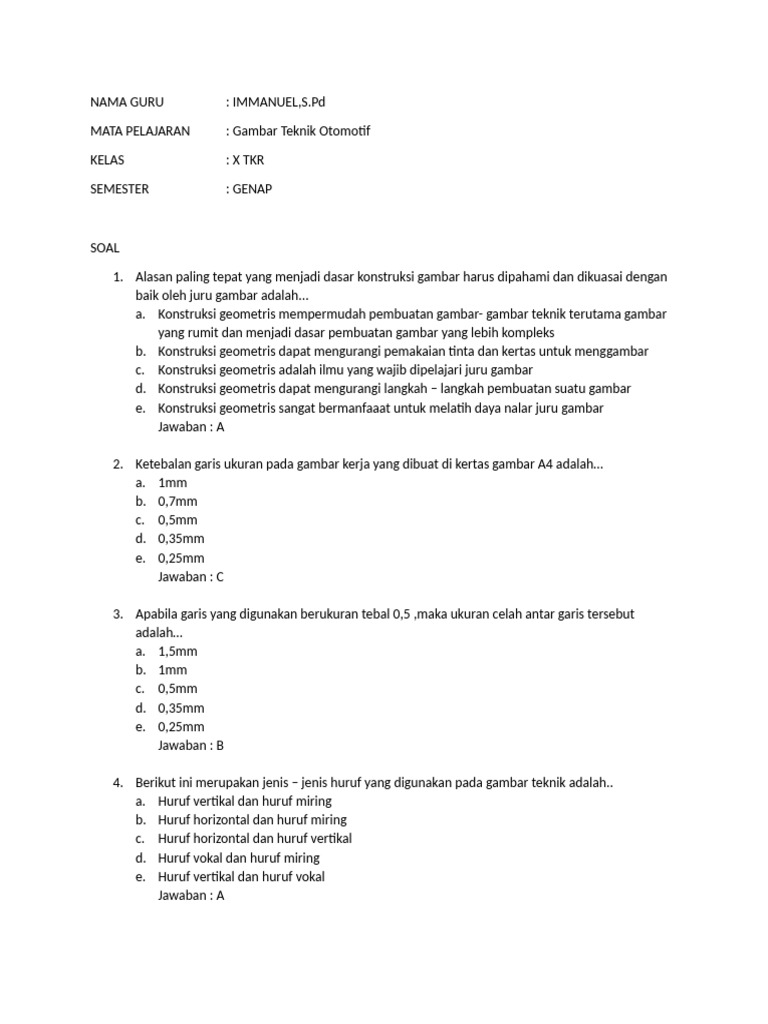 Soal GTO Semster Genap Kelas X TKR 2024 PG | PDF