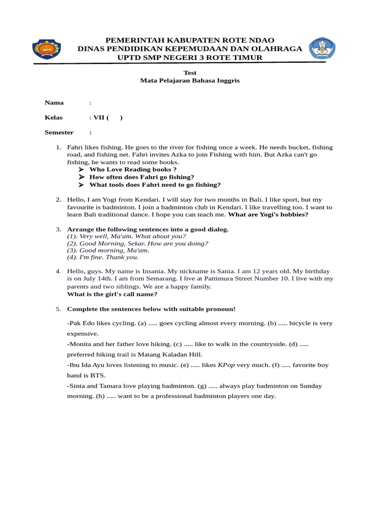 Soal PTS 1 Bing KLS 7 Melen | PDF | Home & Garden | Art