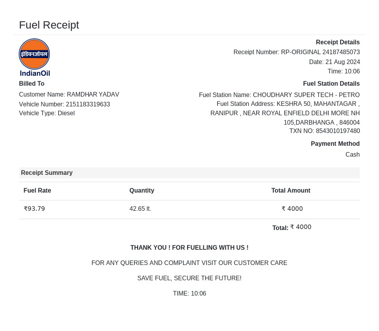 Indian Oil Bill For Laddu Kadamtoli Aug Choudhary Super Tec Petro | PDF
