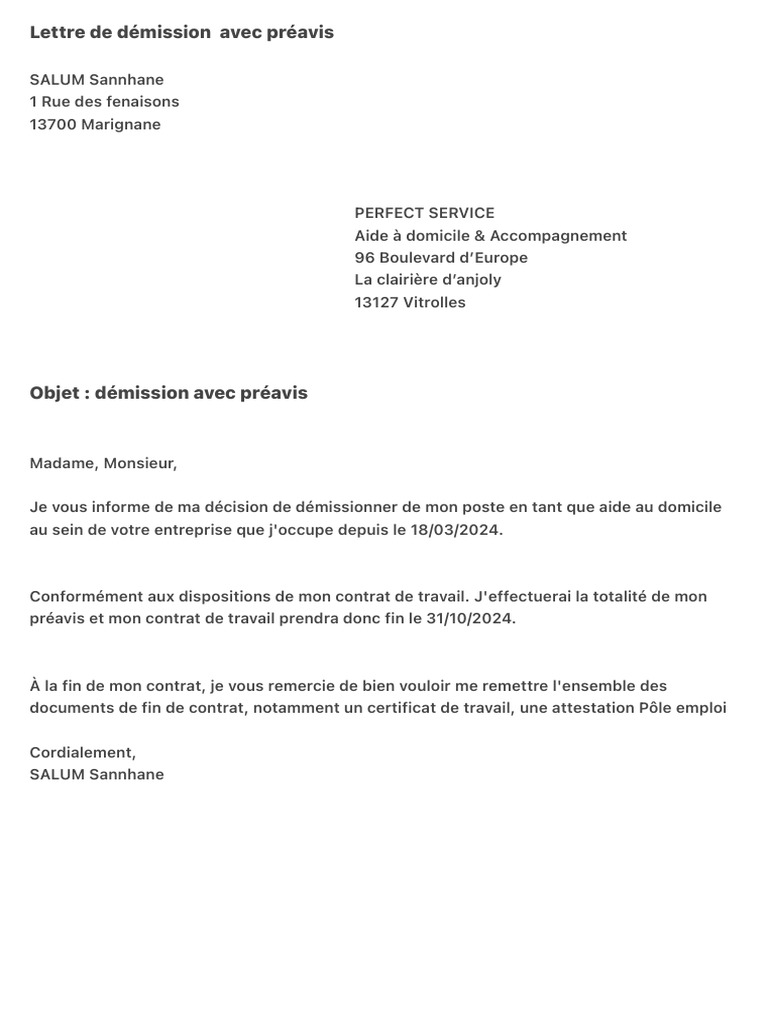 Lettre de Démission Avec Préavis | PDF