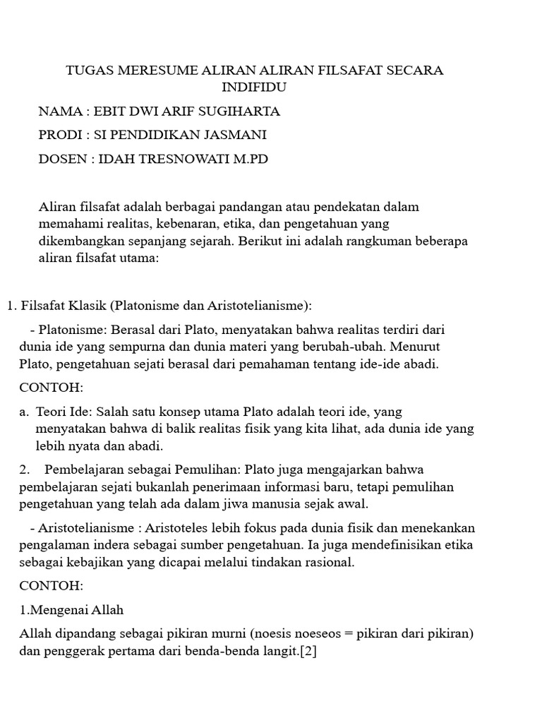 Tugas Meresume Aliran Aliran Filsafat Secara Indifidu | PDF