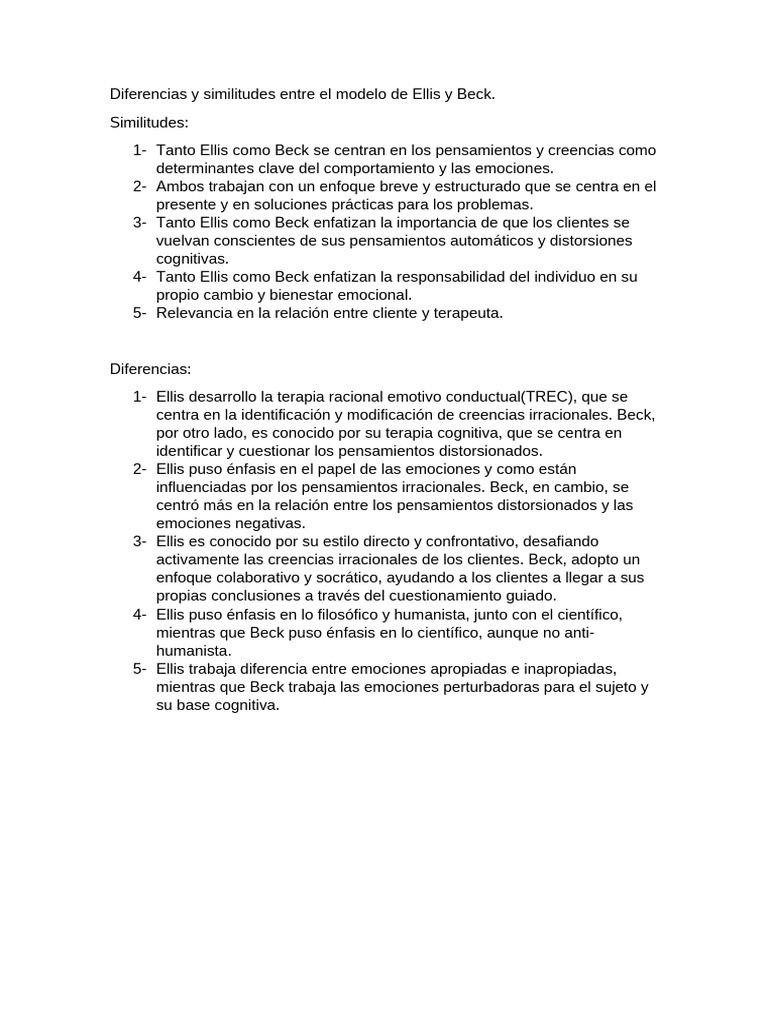 Diferencias y similitudes entre el modelo de Ellis y Beck | PDF