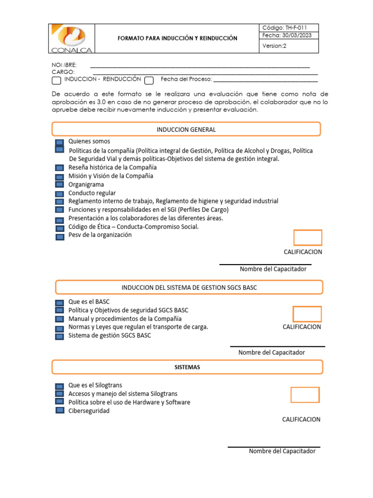 TH-F-011 - Formato para Inducción y Reinducción | PDF