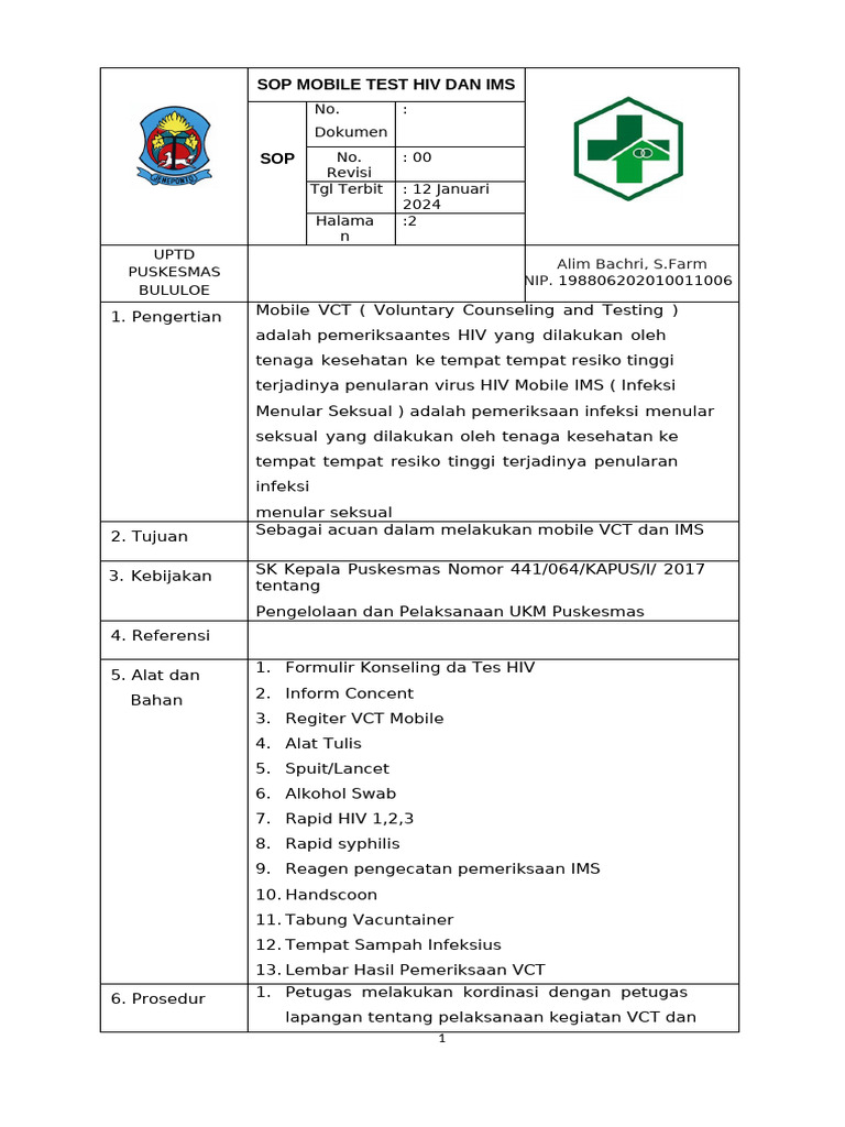 SOP Mobile VCT dan IMS Puskesmas | PDF | Sains & Matematika