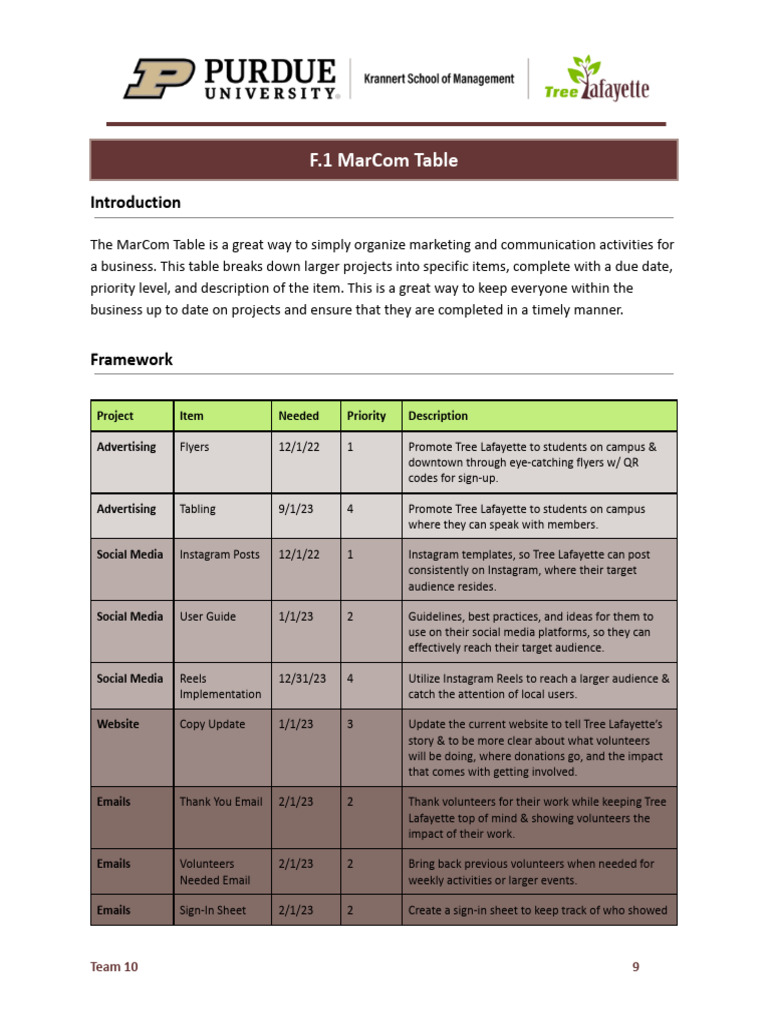 Promotion (MarCom) Project Table - Tree Lafayette | PDF