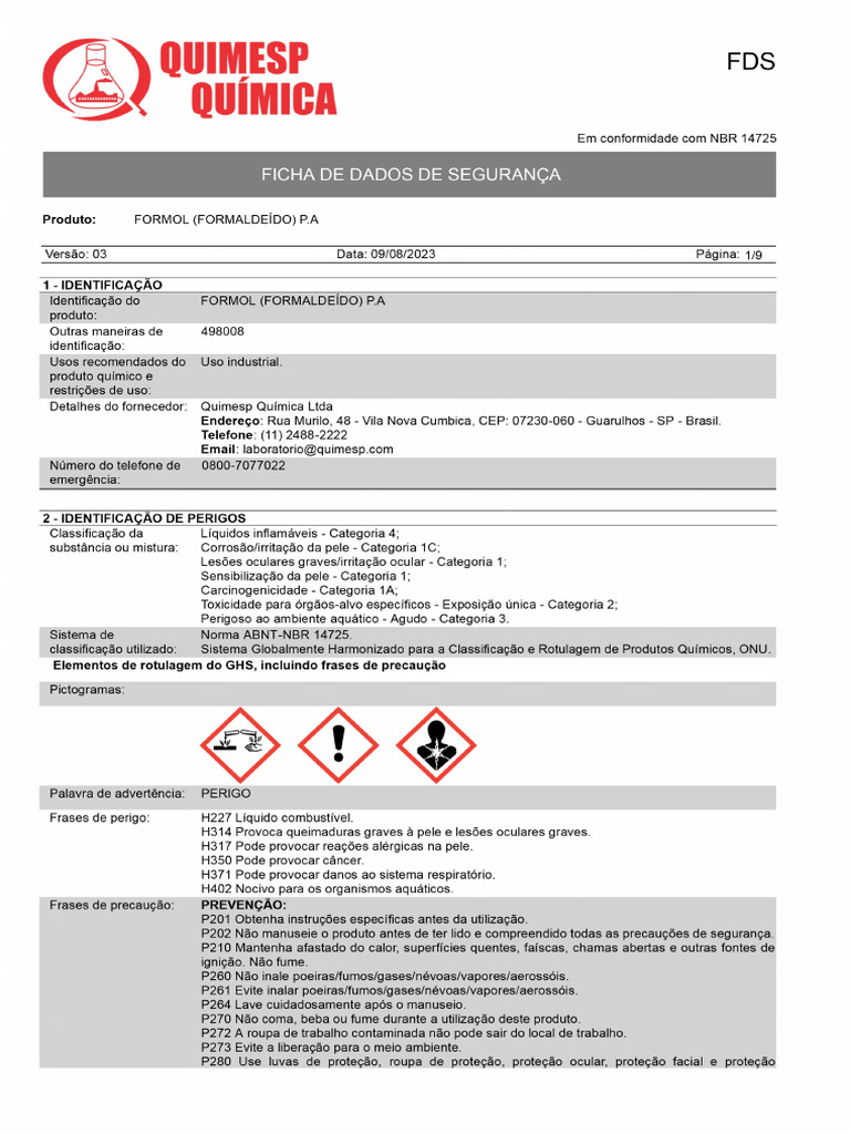 FISPQ - FORMOL (FORMALDEÍDO) P.A - Formol-Formaldeido-Pa | PDF