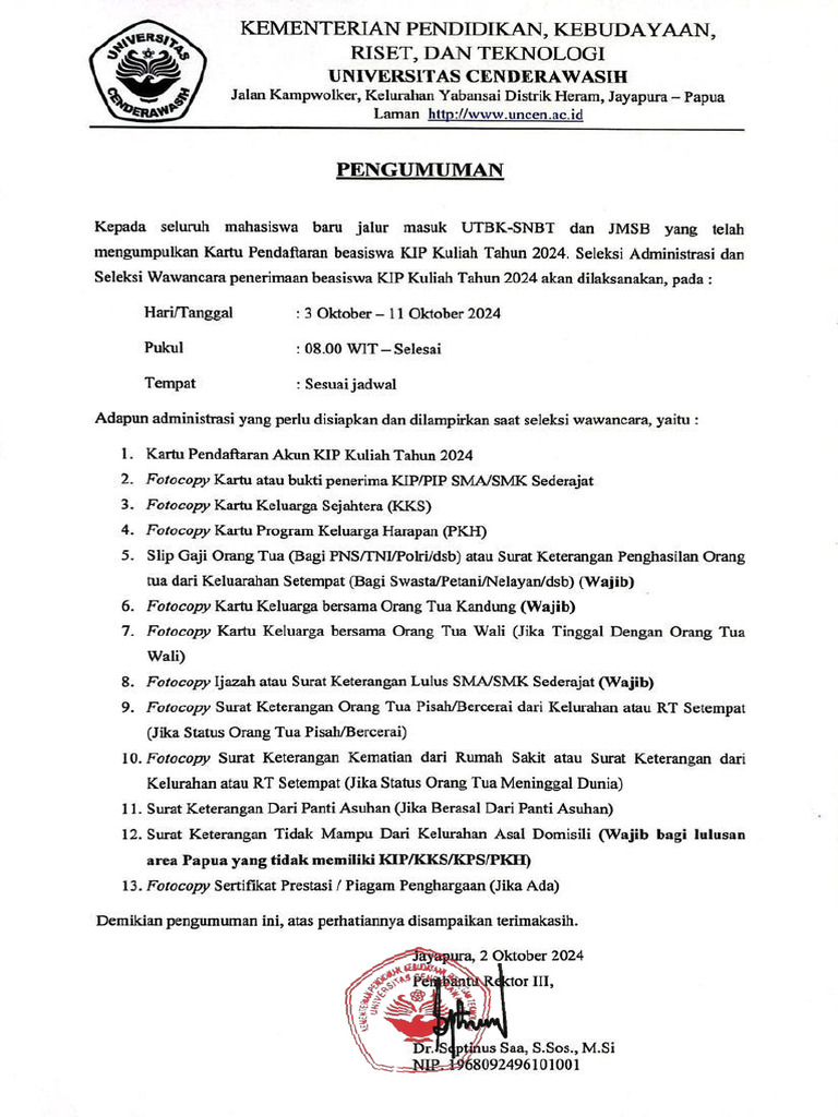 Pengumuman Seleksi KIP Kuliah Jalur SNBT & JMSB Tahun 2024-1 | PDF ...