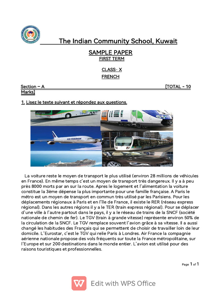 X French Sample Paper 2024 Term 1 | PDF
