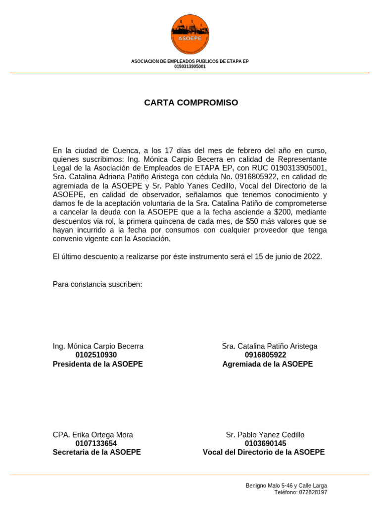 Carta Comprimiso Catalina Patiño | PDF