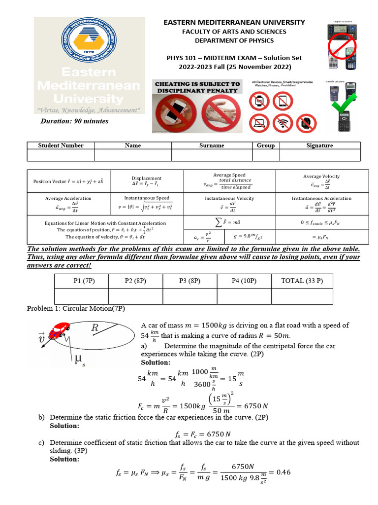 PHYS101 Midterm Fall202223 Solution | PDF