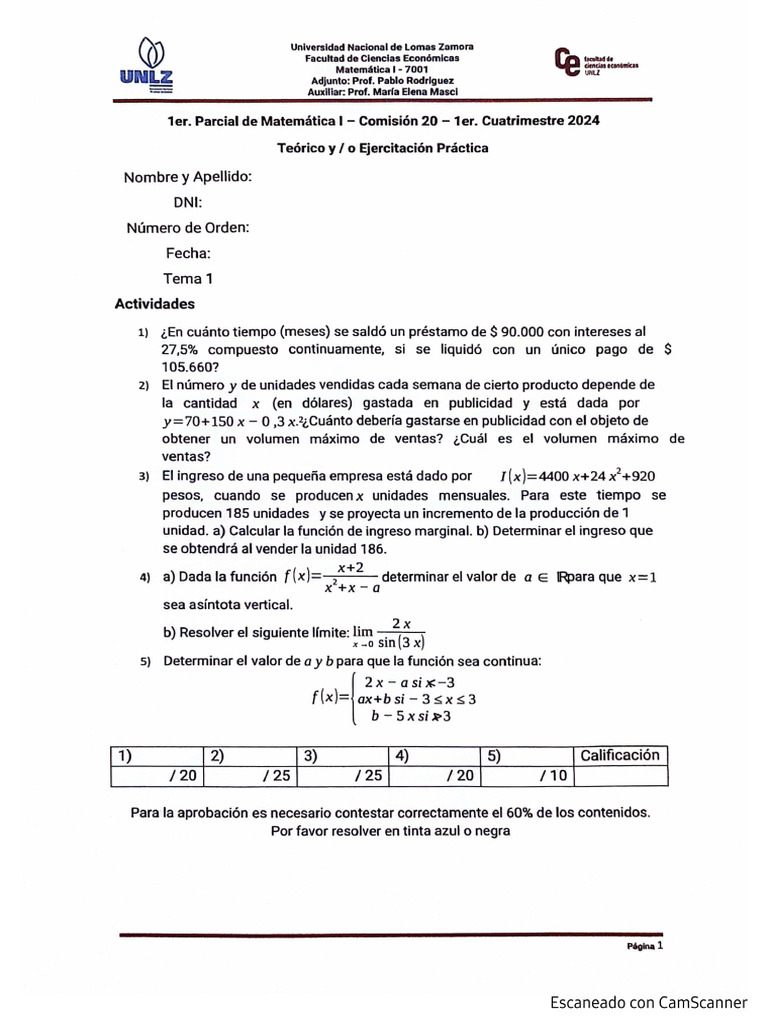 Primer Parcial - 1er Cuatrimestre 2024 - Comisión 20 - Tema 1 | PDF