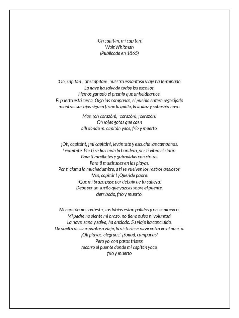 Oh Capitán, Mi Capitán. de Walt Whitman. | PDF