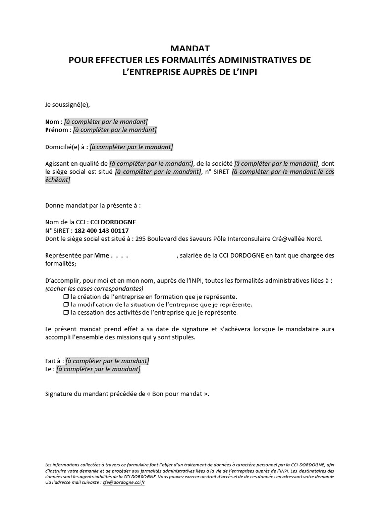 Mandat CCI Dordogne pour Formalités INPI | PDF