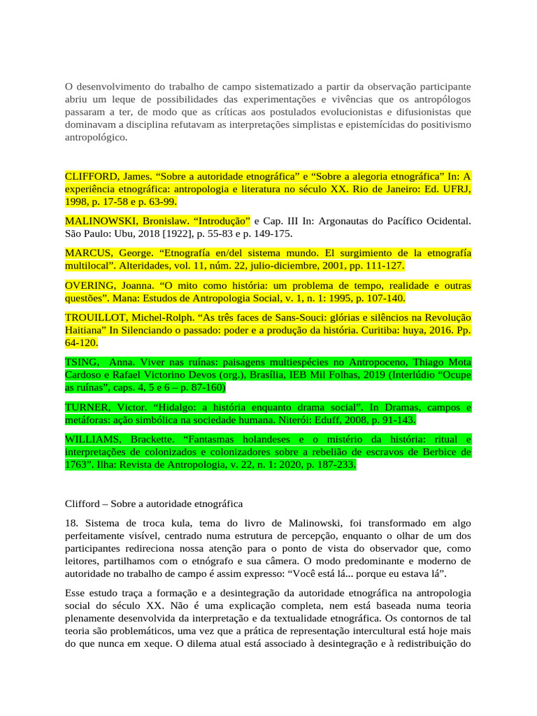 Fichamentos PPGAS (Malinowski, Clifford, Marcus e Peirano) - 2022 | PDF