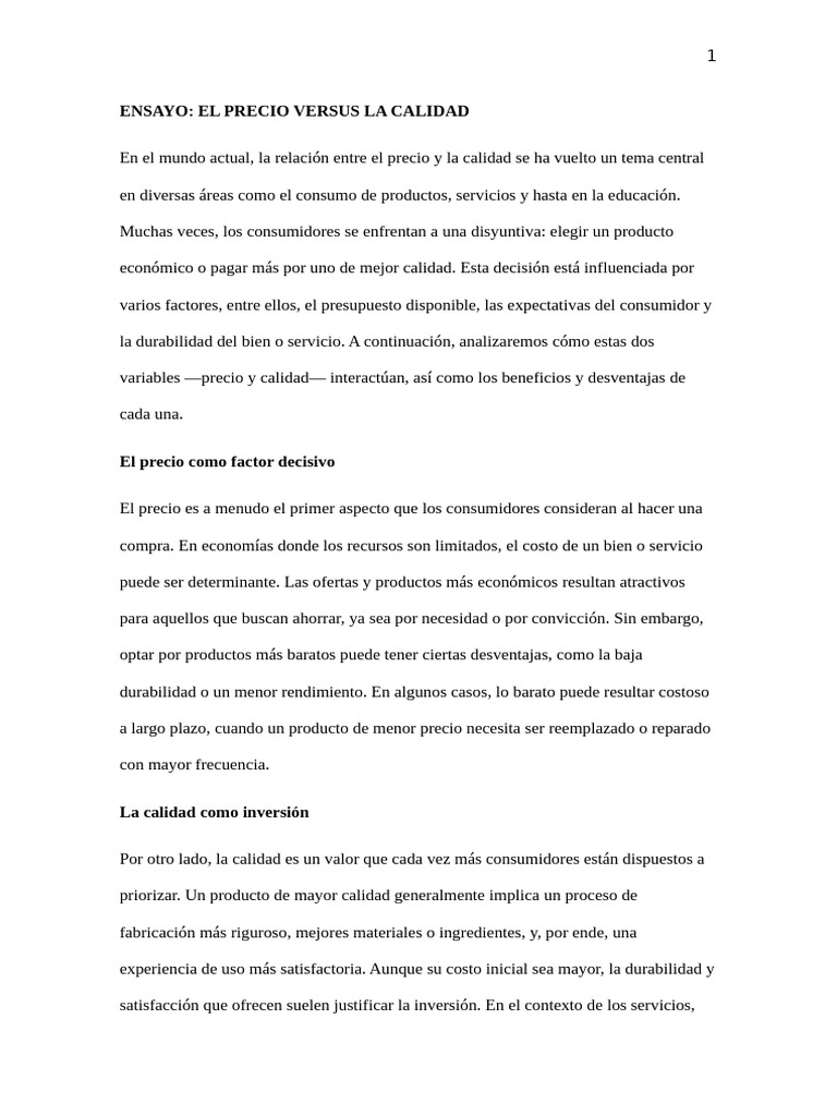 Ensayo - El Precio Versus La Calidad | PDF