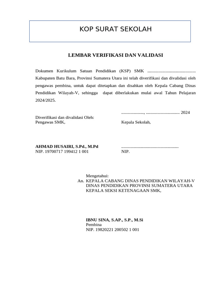 Lembar Verifikasi Dan Validasi KSP 2024-2025 | PDF