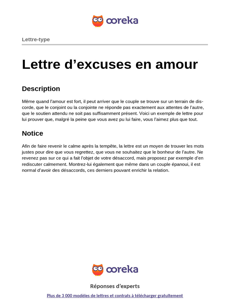 Ooreka Lettre Excuses Amour | PDF