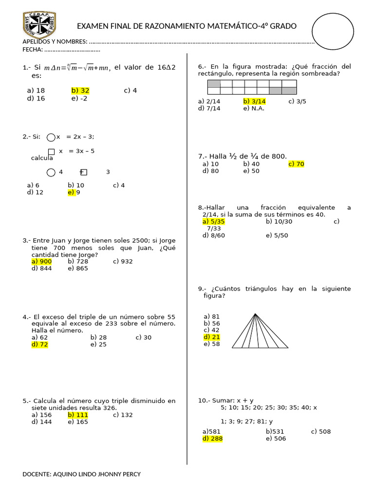 Examen Final-Raz - Mat-4to - 2024 | PDF | Xadrez | Métodos e Materiais de Ensino