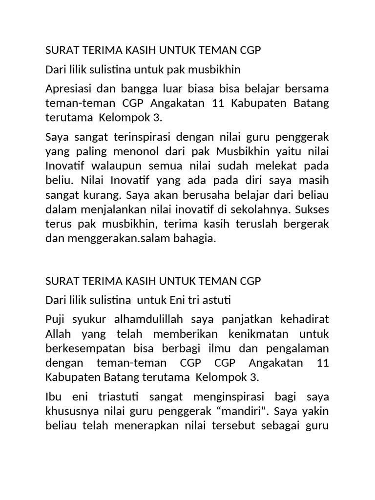 SURAT TERIMA KASIH UNTUK TEMAN CGP | PDF