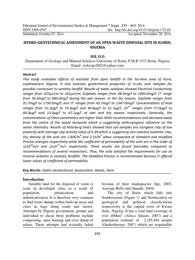 Hydro-Geotechnical Assessment of An Open Waste Disposal Site in Ilorin ...